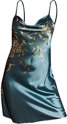 Generic Chemise De Nuit Femme Longue Femmes Sexy col en V imprim&eacute; Fleuri Soie Slip Robe Bretelles Spaghetti Robe de Nuit pour Les Femmes Bas De Chemise Femme 