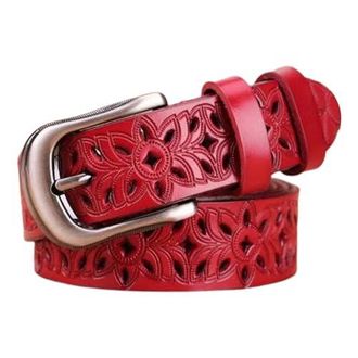 Generic Ceinture r&eacute;tro pour femme - Fleurs creuses - En cuir - Pour jeans - Large ceinture avec boucle en m&eacute;tal - &Eacute;charpe - Bonnet - Ensemble fille, rouge, M