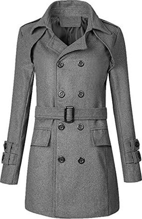 Generic Manteau Hiver Homme,Manteau &agrave; boutonni&egrave;re pour hommes Veste mi-longue coupe-vent chaude en laine avec ceinture et poign&eacute;es &eacute;l&eacute;gantes - casual et pour 