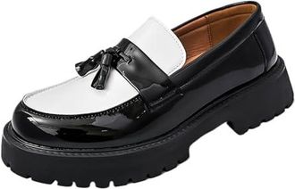 Generic Mocassins en cuir verni noir et blanc pour homme, chaussures habillées, mocassins à semelle compensée pour le travail, les tenues décontractées, blanc