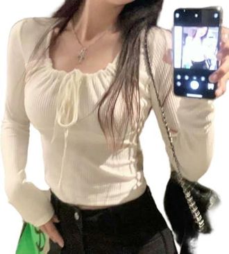 Generic QXDZSW Automne Femmes Chic Bowknots Tops Lady Col Carr&eacute; Slim Fit T-Shirts Femme Doux Rose Abricot Manches Longues V&ecirc;tements, blanc, XL