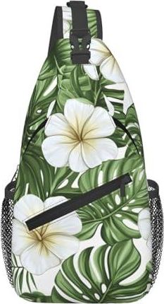 Generic Sacoche Homme Bandouliere Fleur blanche, feuilles vertes Casual Sling Bag L&eacute;ger Sac &agrave; Dos De Voyage pour &eacute;cole Femme Homme