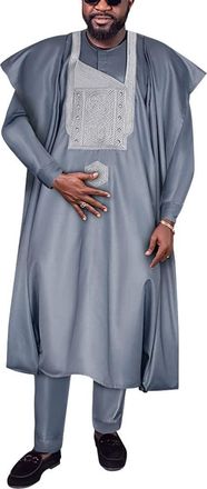 Hawaiian Dreams Afrikanische Herrenbekleidung Agbada Kleidung Stickerei Dashiki Shirts und Hosen Outfits 3-teilig, Grau-02, X-Large