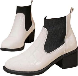 Generic Bottines en cuir &agrave; talon moyen pour femme, bottines &agrave; talons &eacute;pais, plateforme orthop&eacute;dique, antid&eacute;rapantes, avec panneaux &eacute;lastiques, blanc, 35.5 EU