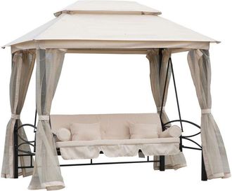 OUTSUNNY Balancelle de jardin 3 places convertible style colonial grand confort 2 coussins + matelas + moustiquaires inclus noir beige