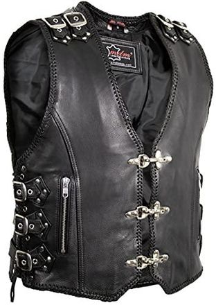 MDM Gilet de motard en cuir avec mousqueton en noir, Noir, XXL
