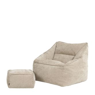 Icon Brand Natalia Sitzsack Sessel mit Hocker f&uuml;r Erwachsene, Beige, Flauschiger Chenille Stoff, Riesen Sitzsack mit F&uuml;llung, Bean Bag Chair, Bequemer Sessel, Lo