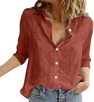 Generic Chemises d&eacute;t&eacute; en coton et lin &agrave; manches 3/4 boutonn&eacute;es pour femme - Tunique d&eacute;contract&eacute;e et ample - V&ecirc;tements tendance 2026, Rouge, 5XL