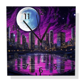 Wallario Design-Wanduhr Mond über der Stadt aus Glas, Motiv-Uhr Größe 30 x 30 cm, Schwarze Zeiger