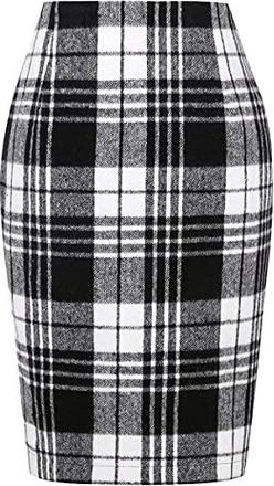 Minetom Femme Plaid Jupe Moulante Au Genou Crayon Jupe À Taille Haute Bodycon Droite Jupe Fente Arrière Tartan Business Jupe A Noir L