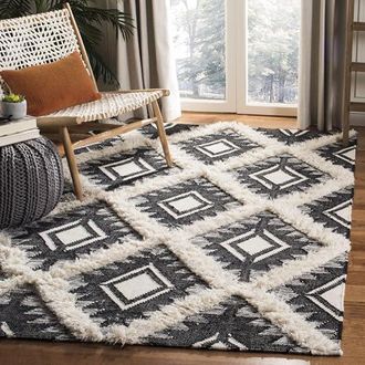 Safavieh Boho Teppich für Wohnzimmer, Esszimmer, Schlafzimmer - Kenya Collection, Hoher Flor, Schwarz und Elfenbein, 183 X 274 cm