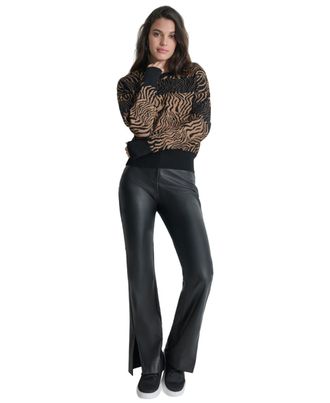 DKNY Womens Dolman Sleeve Tiger Print Sweater, Black/Truffle, XX-Small