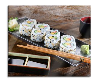 Pixxprint Delikate Inside Out Sushi Rollen Herdabdeckplatte & Spritzschutz aus Echtglas | Für Herd-Kochfelder | 60x52 cm