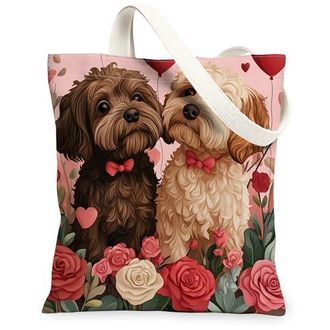 Generic Sac fourre-tout en toile pour la Saint-Valentin avec motif de chien cockapoo 33 x 38,1 cm, sac r&eacute;utilisable &agrave; motif imprim&eacute; de chiot amusant pour femm