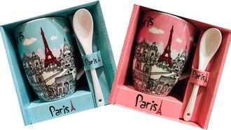 Homedecoration 2er Set Paris Eiffelturm Mini Becher mit L&ouml;ffel Paris Monumente Pastellfarben