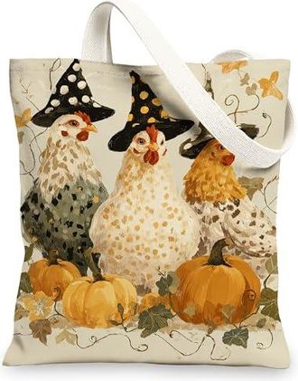 Generic Charmants sacs fourre-tout en toile de poulet, sacs dépicerie réutilisables, légers et lavables avec bandoulière, crème, 13x15 Inch