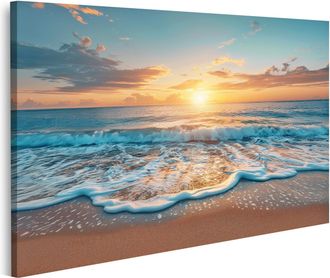 Islandburner Bild auf Leinwand Küsten Sonnenuntergang mit schaumigen Wellen, die auf sandigem Ufer krachen - friedli Bilder Wandbilder Poster