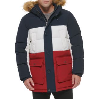 Tommy Hilfiger Herren Arctic Cloth Heavyweight Performance Parka Down Alternative Fur Lined Hood Outerwear Coat Daunenalternative Oberbekleidung, Marineblau/Wei&szlig;/Rot