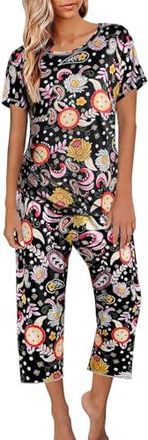 Generic Pyjama pour femme - Pantalon 7/8 - Deux pièces - Ensemble pyjama à manches courtes - Motif floral - Vêtement de nuit élégant - Léger et confortable - 