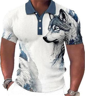 Keephen Animaux Polo pour Hommes T-Shirt imprimé 3D Loup Lion Aigle Été Décontracté Manches Courtes Revers Oversized Tops Tees