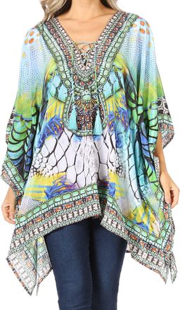 Sakkas 1825 - Aymee Damen Caftan Poncho Cover Up V-Ausschnitt Top Mit Strass schn&uuml;ren - SM128-Multi - OS