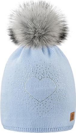 morefaz Chapeau dhiver pour Femme Bonnet Polaire Chaud avec Pompon avec Motif Coeur (FR/ES, Alpha/Lettres, M, L, Sky Blue)