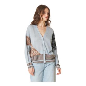 Manila Grace Jacquard-Strickjacke mit Lurex - - Knitwear - Damen - Blau - L
