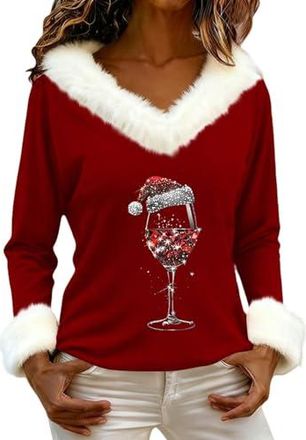 Generic Sweats de No&euml;l &agrave; col en V en Fausse Fourrure pour Femme, Chemisiers dhiver d&eacute;contract&eacute;s Confortables et Chauds avec col en Peluche imprim&eacute; P&egrave;re No&euml;l &agrave;