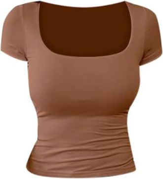 Generic Haut Sexy Femme Col U, T-Shirts Manches Courtes Femme Grande Taille Top Moulant Slim Fit Couleur Unie Tunique Printemps Et été Haut Décontractés Activ