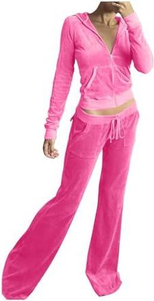 Generic Fccrian Surv&ecirc;tement 2 pi&egrave;ces en velours pour femme - Manches longues - Fermeture &eacute;clair - Veste &agrave; capuche - Pantalon large - Style d&eacute;contract&eacute; Y 2k - 