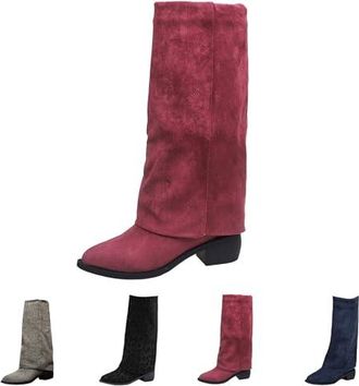 Generic Bottes &agrave; bout pointu pour femme - Bottes montantes au mollet large - Coupe large - Bottes occidentales &agrave; enfiler - Bottes basses dautomne et dext&eacute;rieu