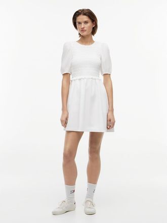 Tommy Jeans Robe babydoll courte et ajust&eacute;e en popeline avec liens nou&eacute;s au dos - Blanc