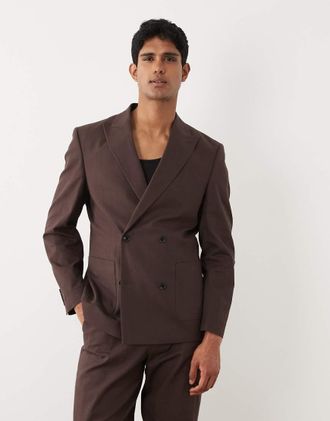 Asos Zweireihiger Regular-Fit-Anzugblazer in brauner Leinenoptik aus 100% Baumwolle