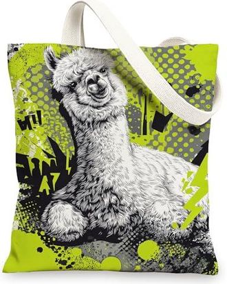 Generic Sac fourre-tout en toile motif lama réutilisable, léger et lavable avec bandoulière pour salle de sport, voyage en plein air, vert, 13x15 Inch