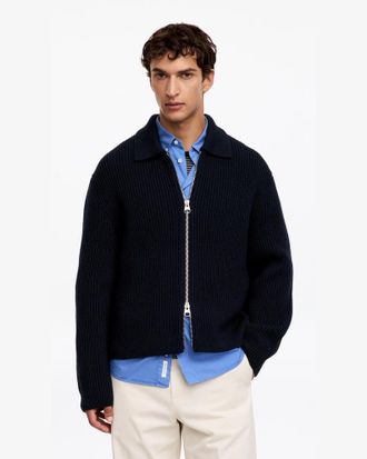 Arket Woll- Und Baumwollstrickjacke Mit Rei&szlig;verschluss -Blau