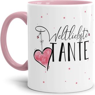 Tassendruck Tasse mit Spruch für die Weltbeste Tante - Kaffeetasse/Familie/Geschenk-Idee/Mug/Cup/Innen & Henkel Rosa