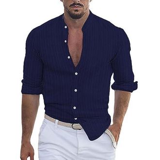 Generic Chemise &agrave; manches longues en mousseline de lin pour homme - Chemise boutonn&eacute;e - Chemise de loisirs - Jacquard ray&eacute;e - Col montant - Coupe normale - Ma