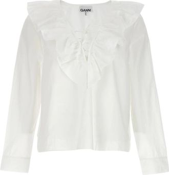 Ganni Baumwoll-Popeline-Bluse mit R&uuml;schen und V-Ausschnitt - - Blouses & Shirts - Damen - Wei&szlig; - L