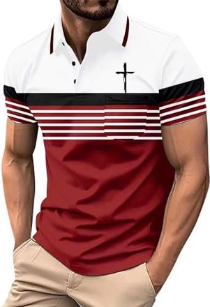 Generic Polo pour homme imprimé croix chrétienne, polo de golf léger et classique, tendance, décontracté, col boutonné, pull de travail, bordeaux, L