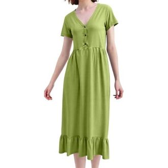 Generic Robe d&eacute;t&eacute; pour femme avec boutons de couleur unie, manches courtes, en coton et lin, patchwork pliss&eacute;, robe d&eacute;t&eacute;, robe boh&egrave;me, robe ample pour les vac