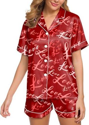 Generic Ensemble de pyjama deux pièces en satin de soie pour femmes, cadeau de Saint-Valentin 2026, vêtements de nuit, vêtements de détente boutonnés, Rouge, 
