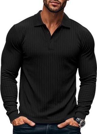 Baymate Polo Hommes Manches Longues avec Boutons Slim Fit Casual Stretch Côtelé Golf Top T-Shirt Tee Muscle Coupe Ajustée