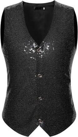 Generic Gilet court &agrave; paillettes pour homme, gilet confortable uni de qualit&eacute; sup&eacute;rieure et luxueux, &agrave; simple boutonnage et coupe ajust&eacute;e, gilets tendance &agrave; p