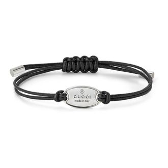 Gucci Markenarmband aus Sterlingsilber und schwarzem Lederband mit ovalem Anh&auml;nger - - Accessories - Damen - Grau - ONE SIZE