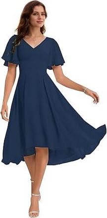 Generic Robes de bal en mousseline de soie avec col en V fronc&eacute; robe de bal courte de demoiselle dhonneur A-Line avec manches flottantes robes de f&ecirc;te, bleu m