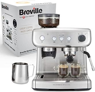 Breville Barista Max Siebträgermaschine | Espressomaschine/Kaffeemaschine mit integriertem Mahlwerk und Milchaufschäumer| 2,8-l-Wasserbehälter | Italienische P