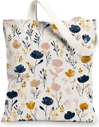 Generic Sacs fourre-tout en toile florale artistique, sacs à provisions réutilisables, légers et lavables avec bandoulière, crème, 13x15 Inch