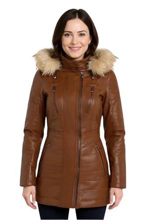 Infinity Leather Parka en Cuir Pour Femme - Trench Coat Matelass&eacute; Coupe Slim Avec Capuche Amovible Doubl&eacute;e de Fourrure et Poches Zipp&eacute;es