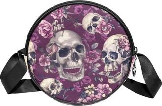 Generic Petit sac &agrave; bandouli&egrave;re circulaire pour femme, motif cr&acirc;nes, fleurs, petit sac &agrave; bandouli&egrave;re avec fermeture &eacute;clair, bretelles r&eacute;glables, sac &agrave; main ro