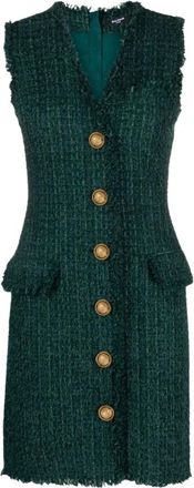 Balmain V-Ausschnitt Tweed-Minikleid mit Kn&ouml;pfen - - Dresses - Damen - Gr&uuml;n - XS
